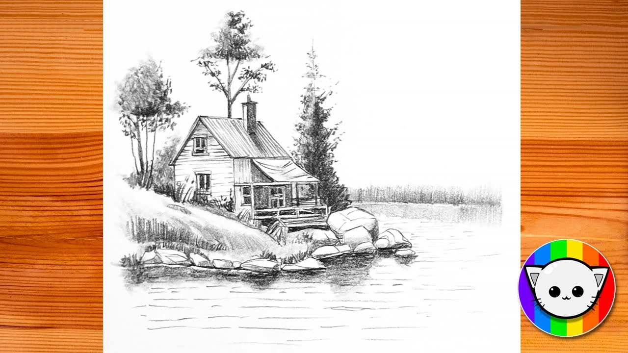 How to draw a house on the lake || Landscape pencil drawing tutorial ...
