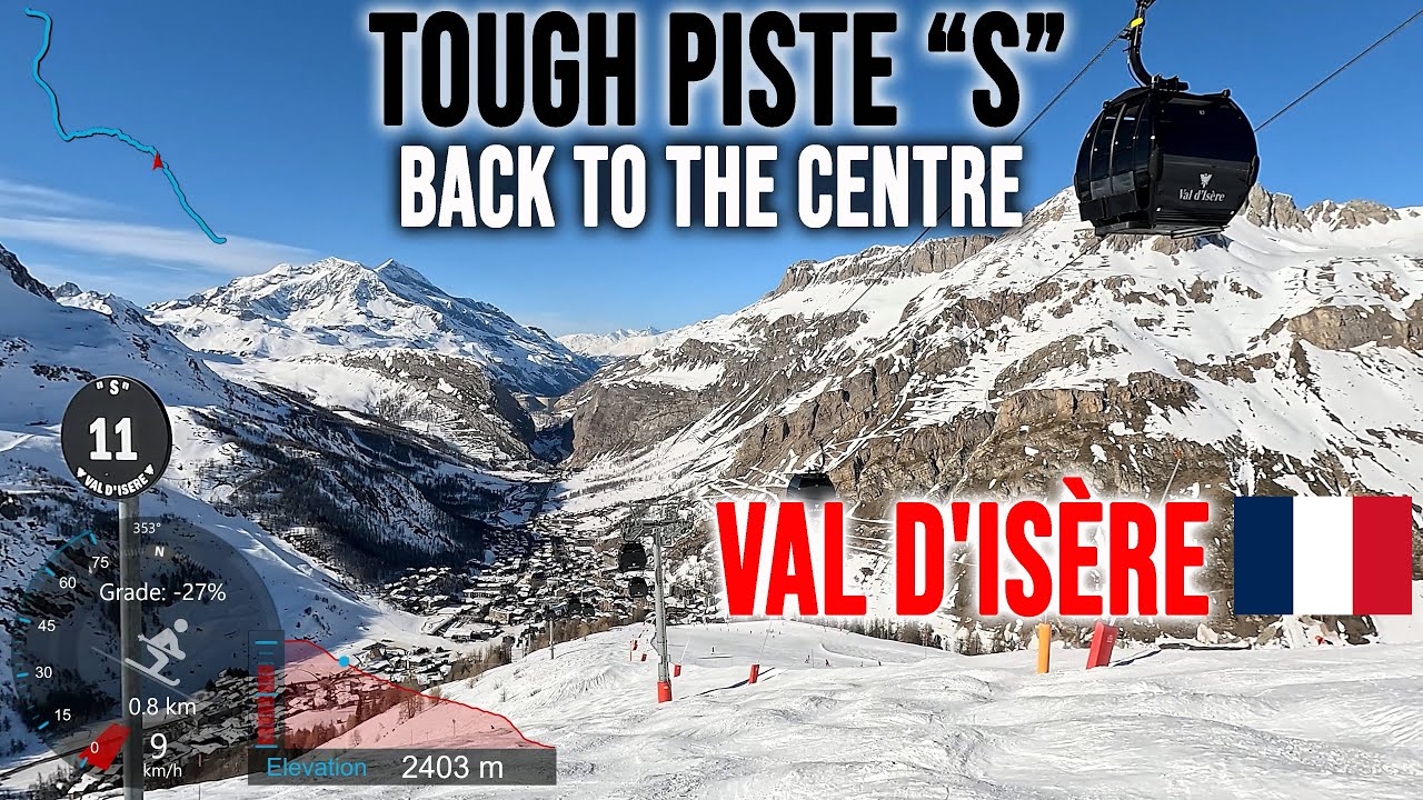 [4K] Skiing Val d'Isère, Tough Black Piste "S" - Back to the Centre ...