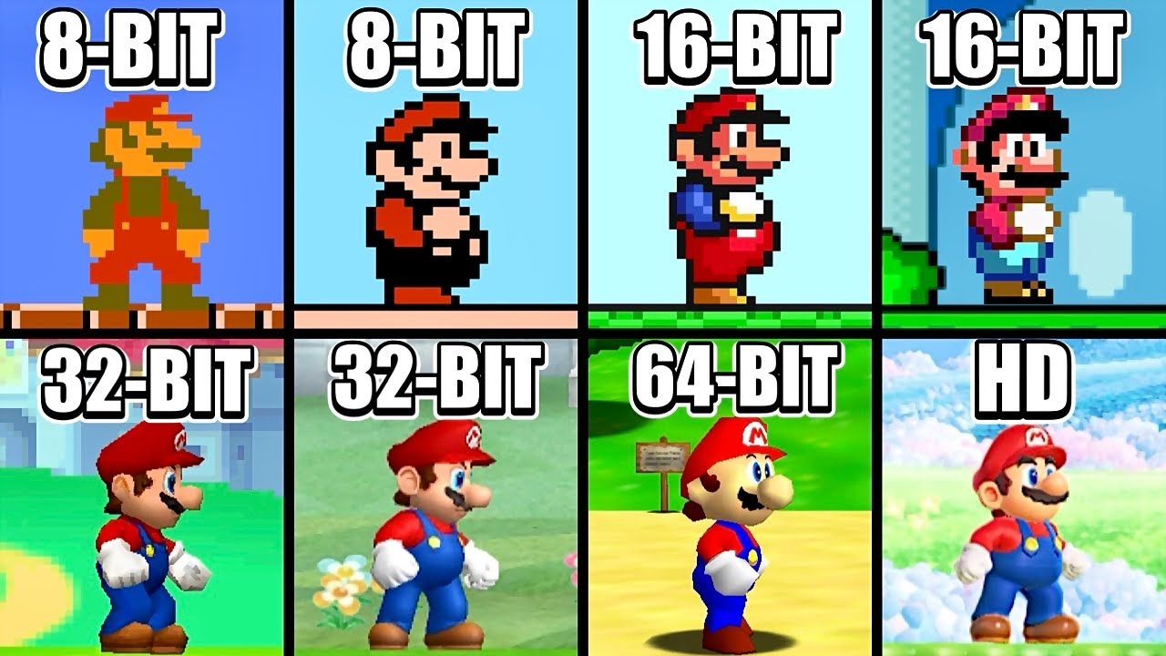 Evolution of Mario Games Graphics 8-BIT vs 16-BIT vs 32-BIT vs 64-BIT ...