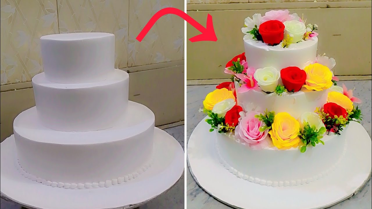 3 Step Cake Using Artificial Flowers | 3 Step Cake Design | 3 Step Cake ...