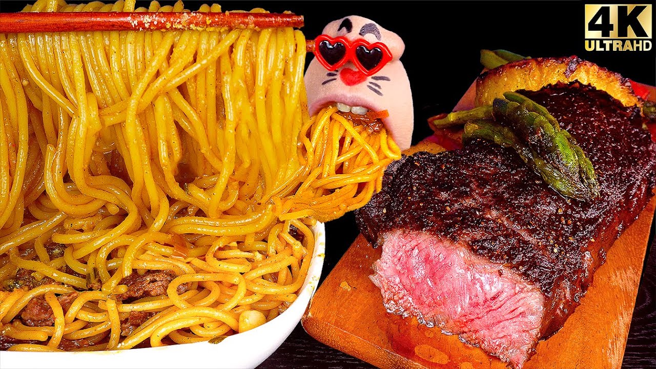 ASMR MUKBANG Garlic Beef Pasta & Beef Steak Real Sound EATING SHOW (4K ...