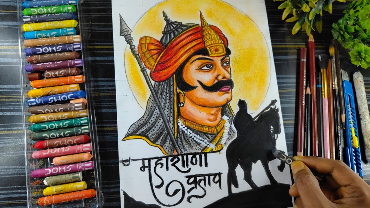 Maharana Pratap Drawing With Oil Pastle, How To Draw Maharana With ...