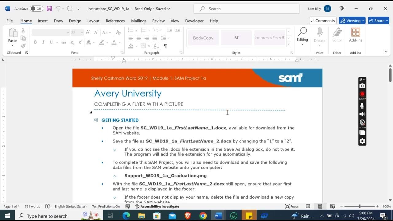 Word Module 1 SAM Project 1a | Shelly Cashman Word 2019 | Avery ...