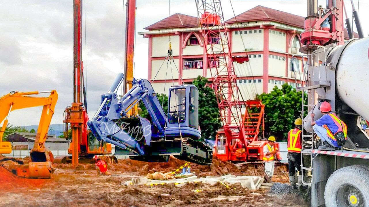 Deep Foundation Project Excavators Crane and Drilling Rig - YouTube