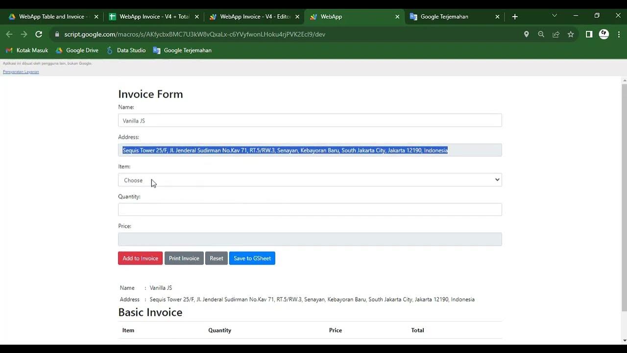 WebApp Apps Script - INVOICE | Dynamic Input | Address from Geolocation | Save Data To GSheet ...