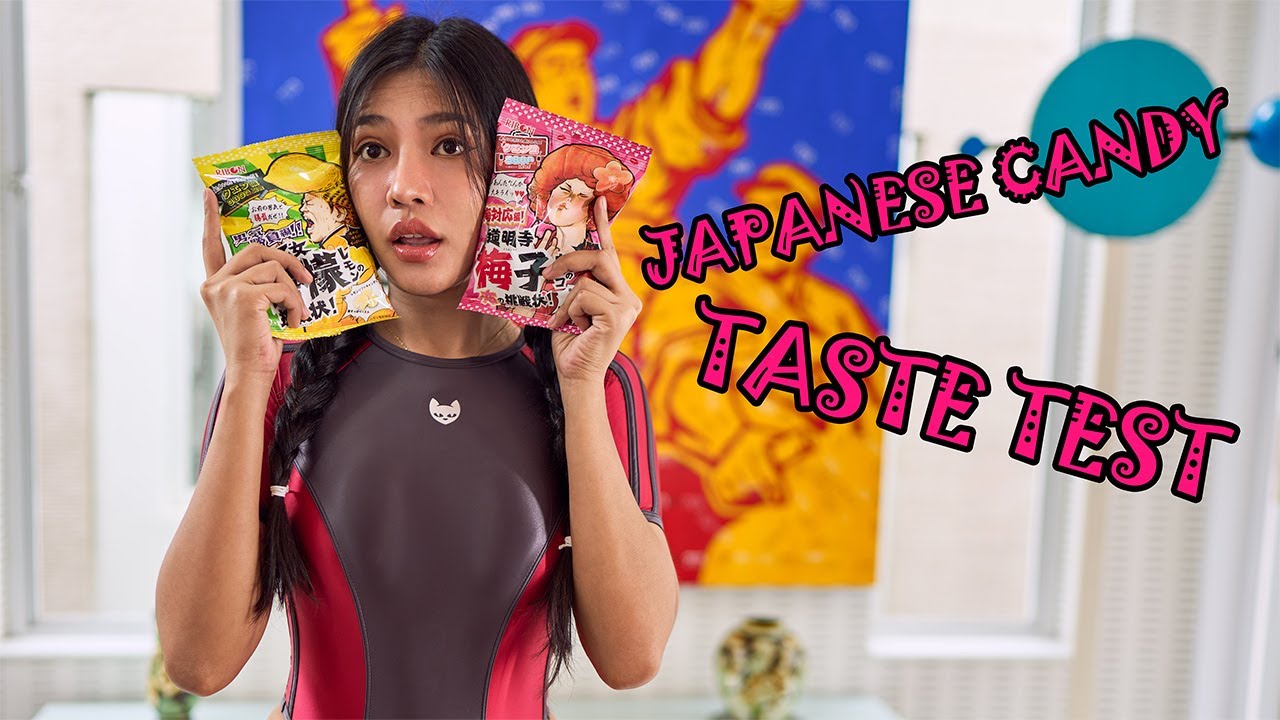 Cute Girl Tasting Japanese Candy in One Piece Racing Swimsuit - YouTube