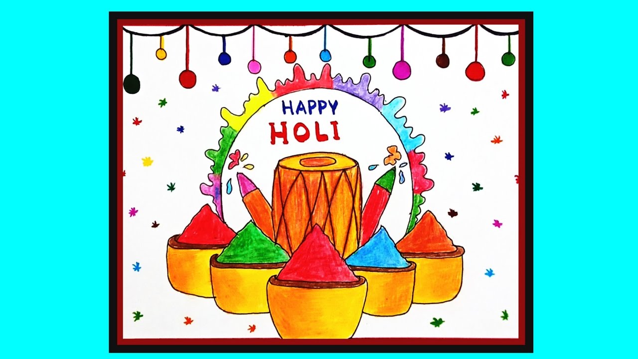 How to draw easy happy holi poster | holi poster drawing step by step ...