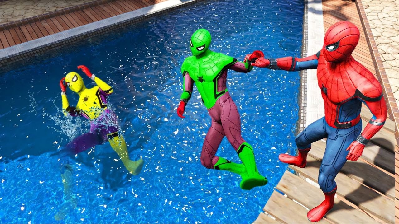 Rainbow Spider-Man Jumping Into Swimming Pool In GTA 5 (Spiderman Pool ...