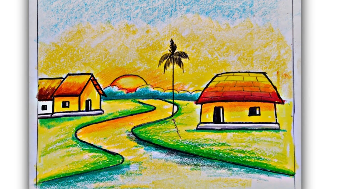 Morning scenery drawing pencil colour// Pencil and oil pastel //Easy ...