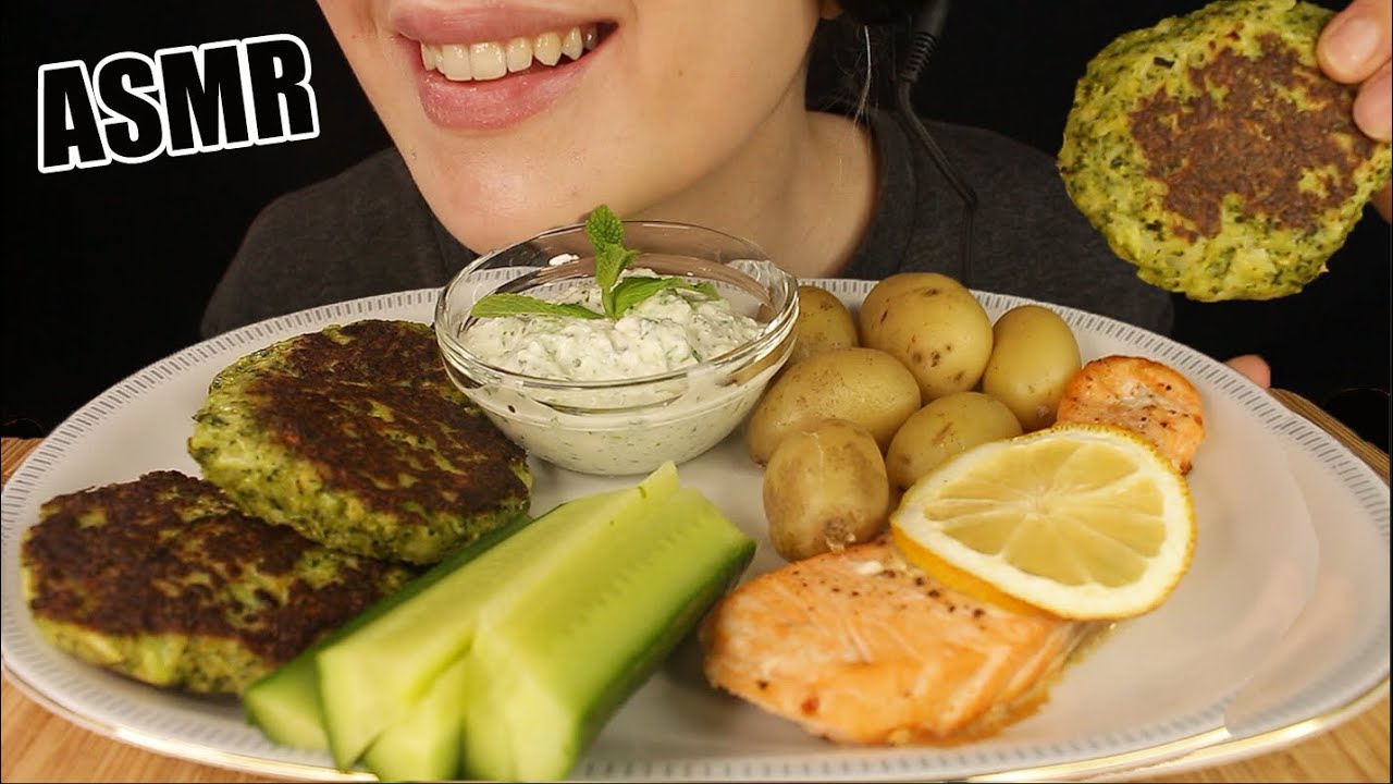 ASMR BROCCOLI HASH BROWNS w/ SALMON + FETA CHEESE MUKBANG EATING SOUNDS ...