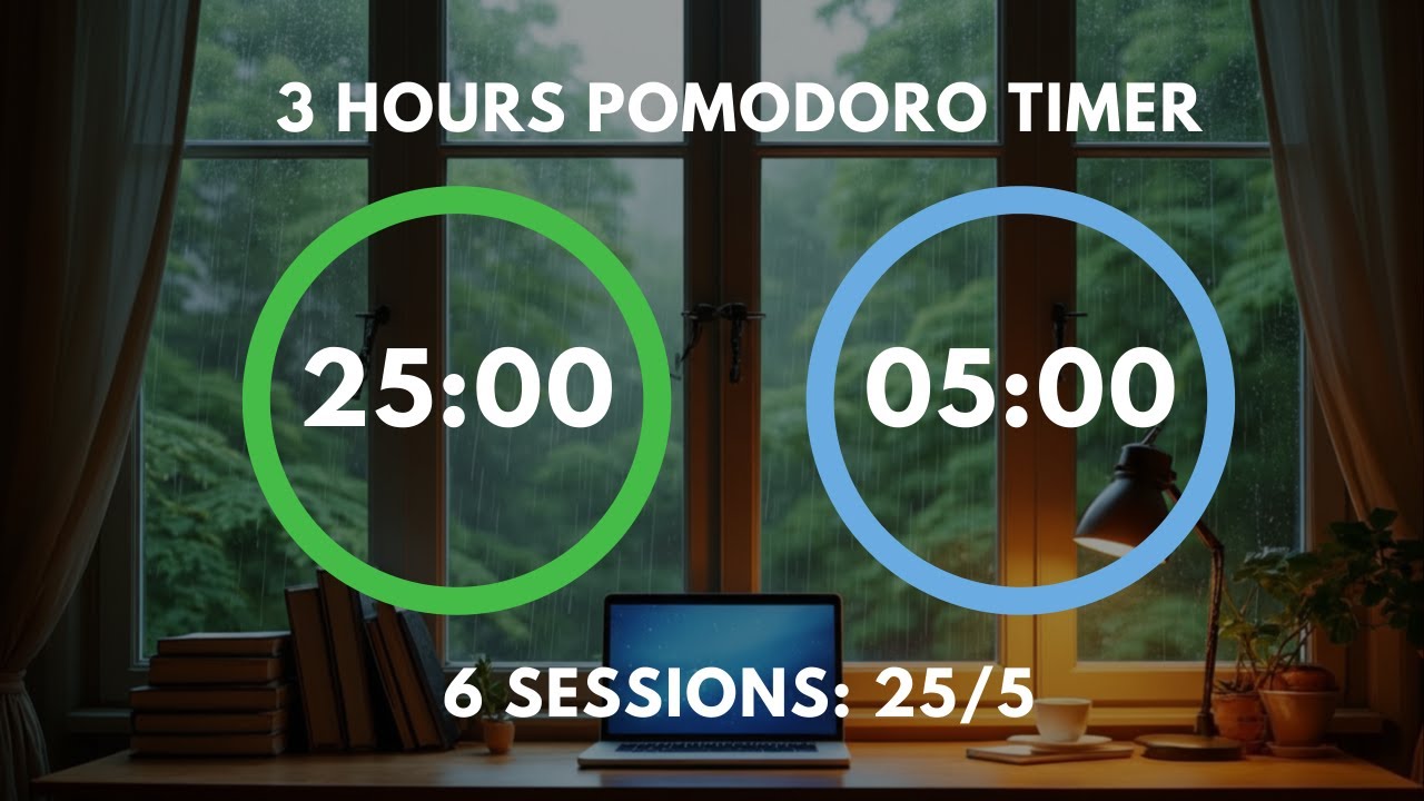 25 Minute Pomodoro Timer Rain Sound ( ASMR)📚 3-Hours Study/Work ...