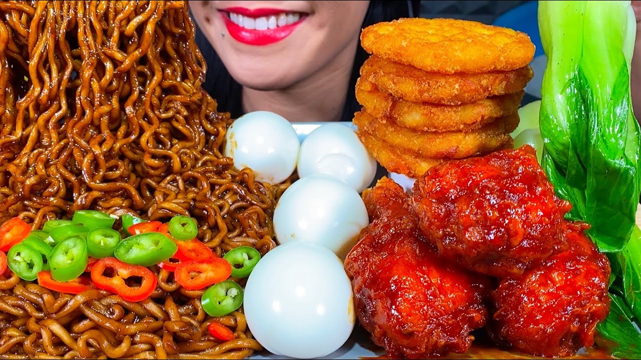 ASMR BLACK BEAN NOODLES, SPICY FRIED CHICKEN, SOFT BOILED EGGS, HASH ...