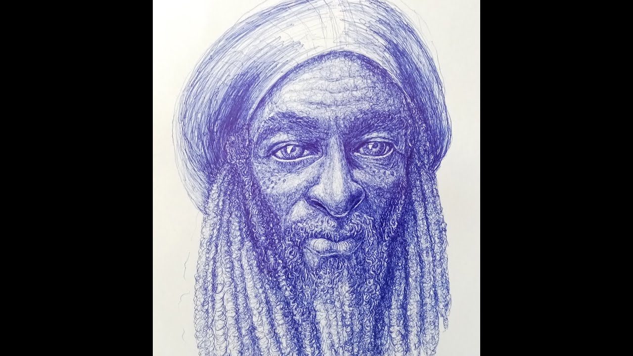 PORTRAIT DRAWING TECHNIQUE - RASTAMAN FACE WITH BLUE BALLPOINT PEN ...