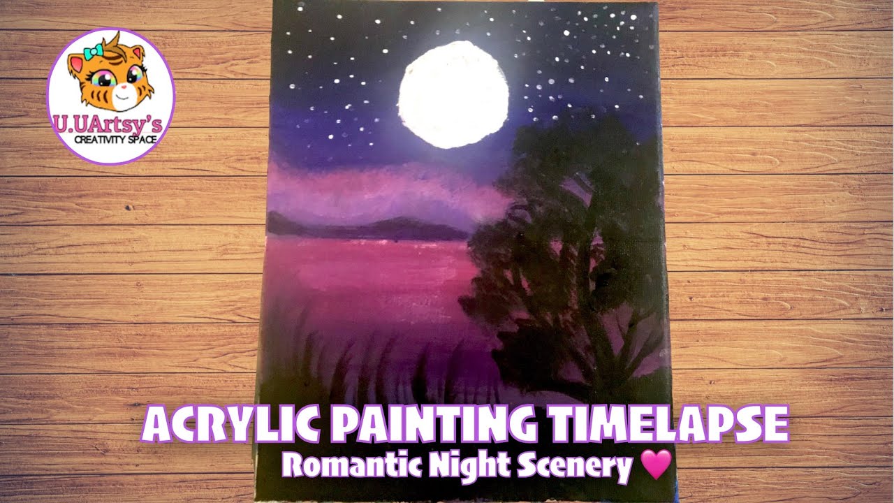 How I Painted a Romantic Night Scenery with Acrylic Paints 💖 ...