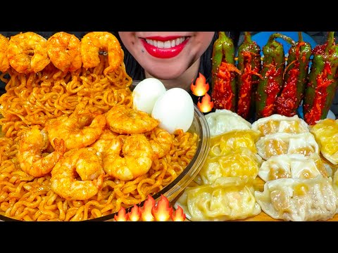 ASMR SPICY SHRIMP NOODLES, CHICKEN DUMPLINGS, EGGS, HOT CHILI KIMCHI MASSIVE Eating Sounds