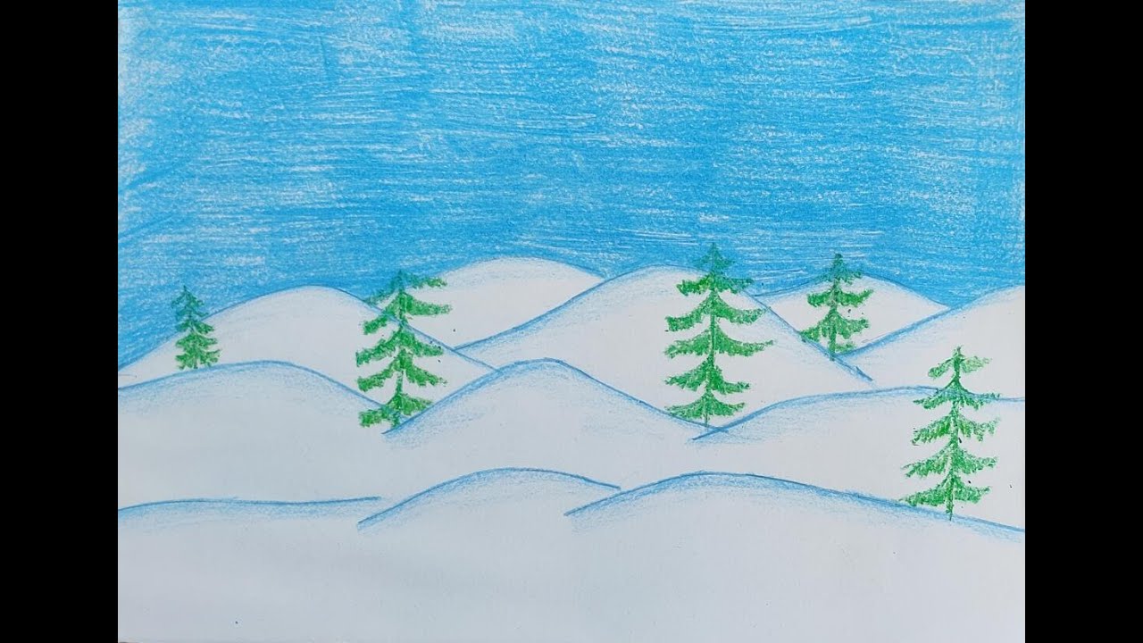 How To Draw Scenery Of Winter Season/ Snowfall Step By Step # ...