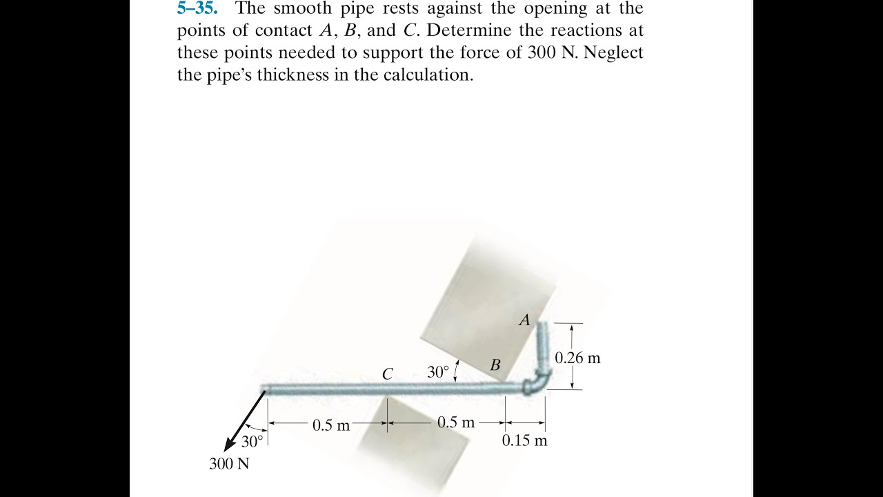 Statics 5.35 - The smooth pipe rests at points A, B and C... Determine ...