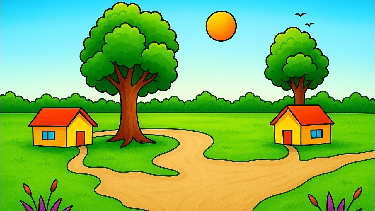 Natural scenery drawing | Beautiful scenery drawing| How to draw easy ...