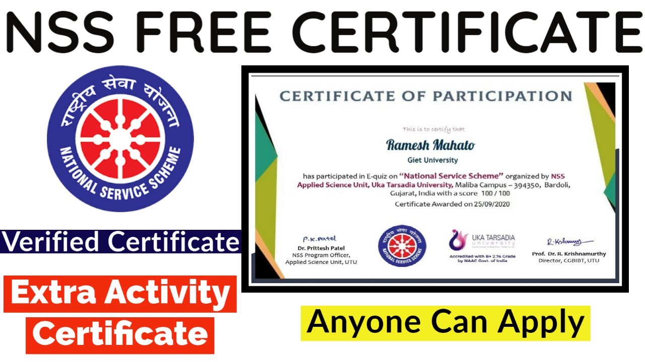 NSS Free Certificate | Free Certificate | Online Quiz On NSS Day - YouTube