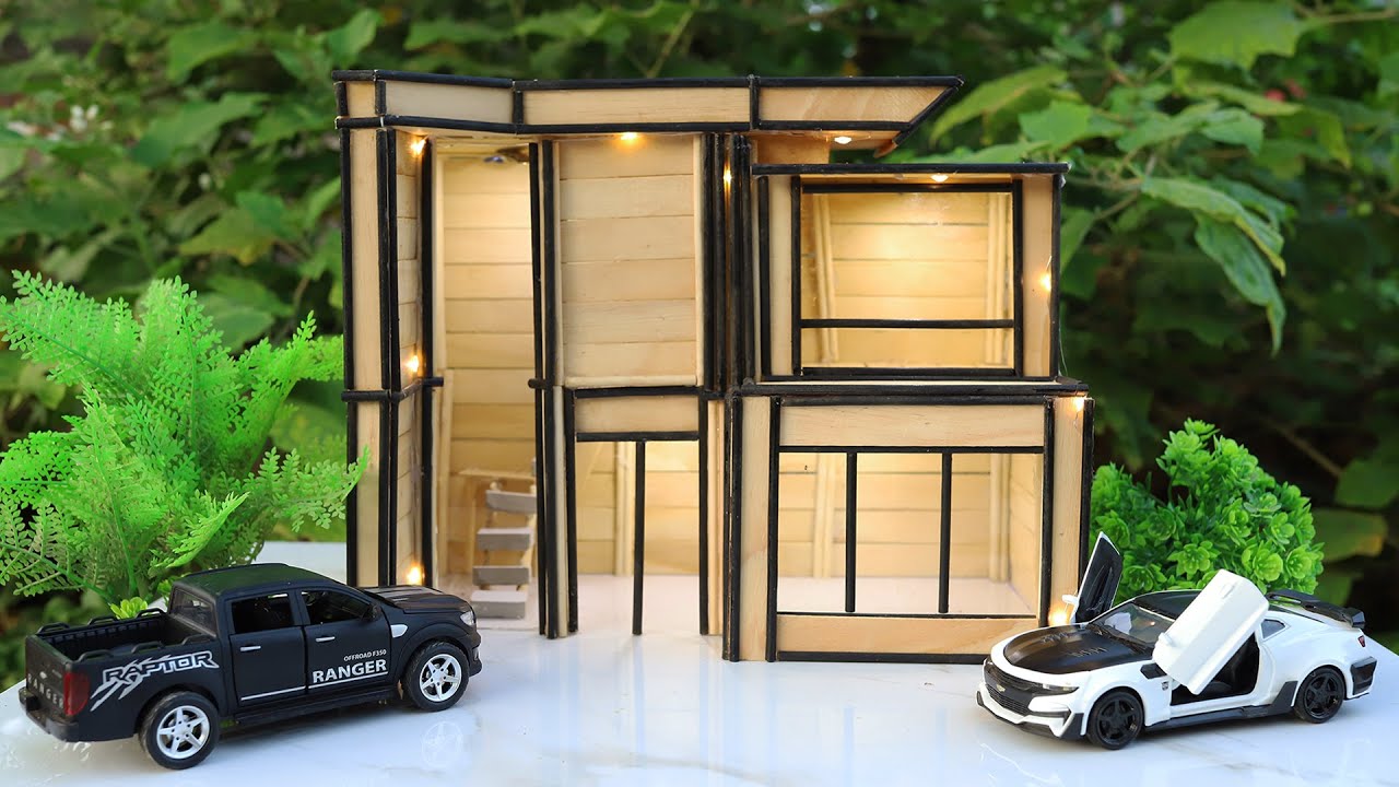 Mini Modern House make from Wooden Popsicle Sticks - YouTube