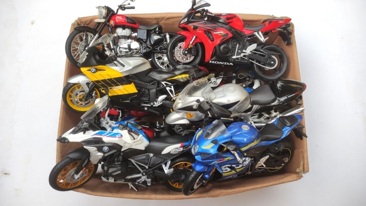 Box Full of Diecast Model Bikes 1/12 Scale, Royal Enfield, Honda CBR ...