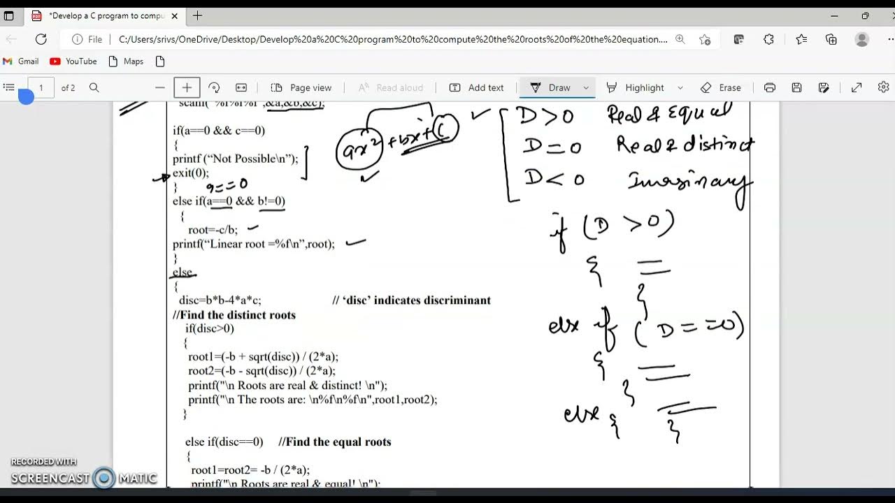 C program to Calculate the Roots of the quadratic equation - YouTube