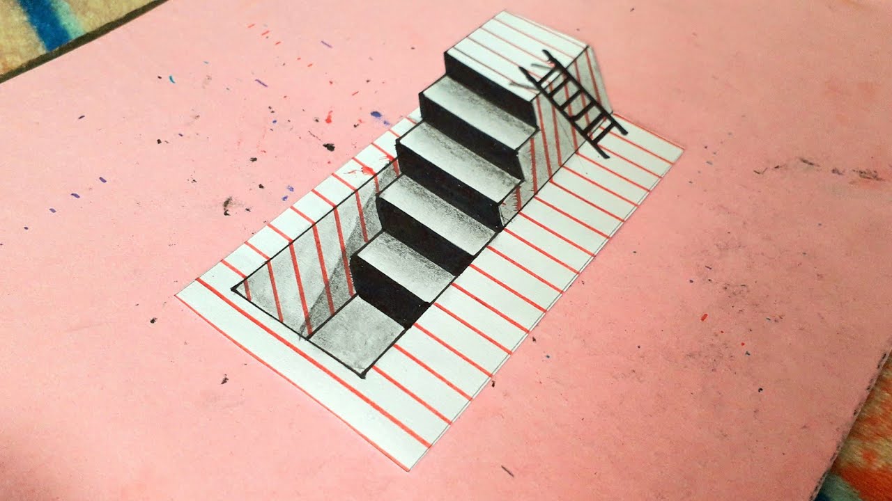 How to draw 3d Drawing of ladder and stairs on paper || 3d sketch ...