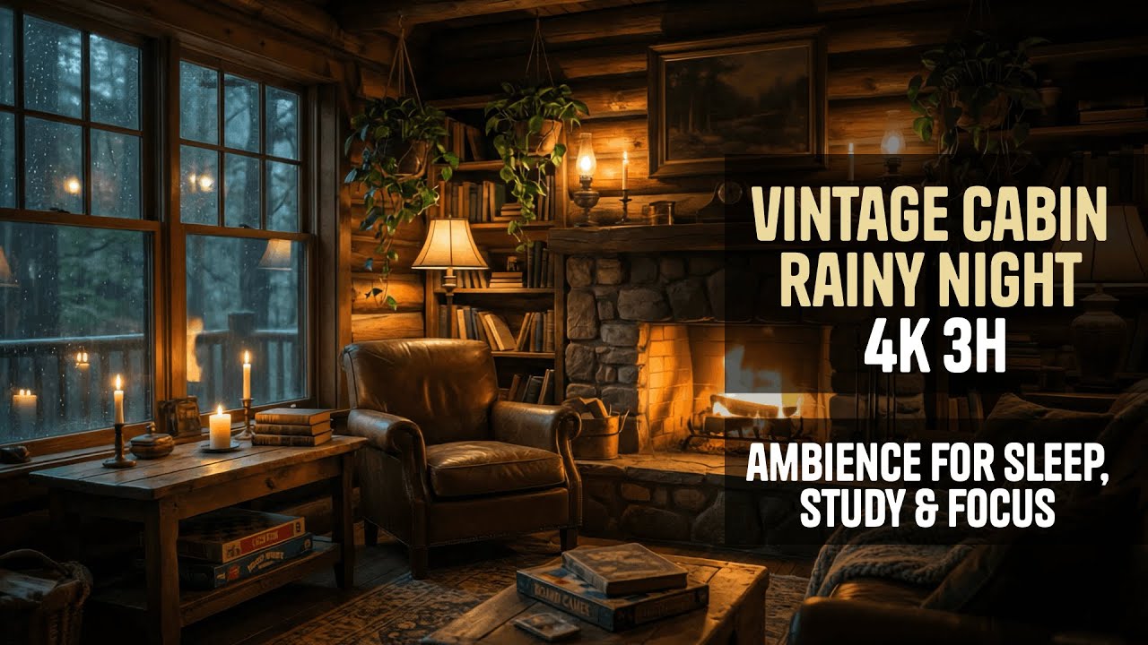 Vintage Rainy Cabin Night by the Fireplace | Cozy Study, Focus & Sleep ...