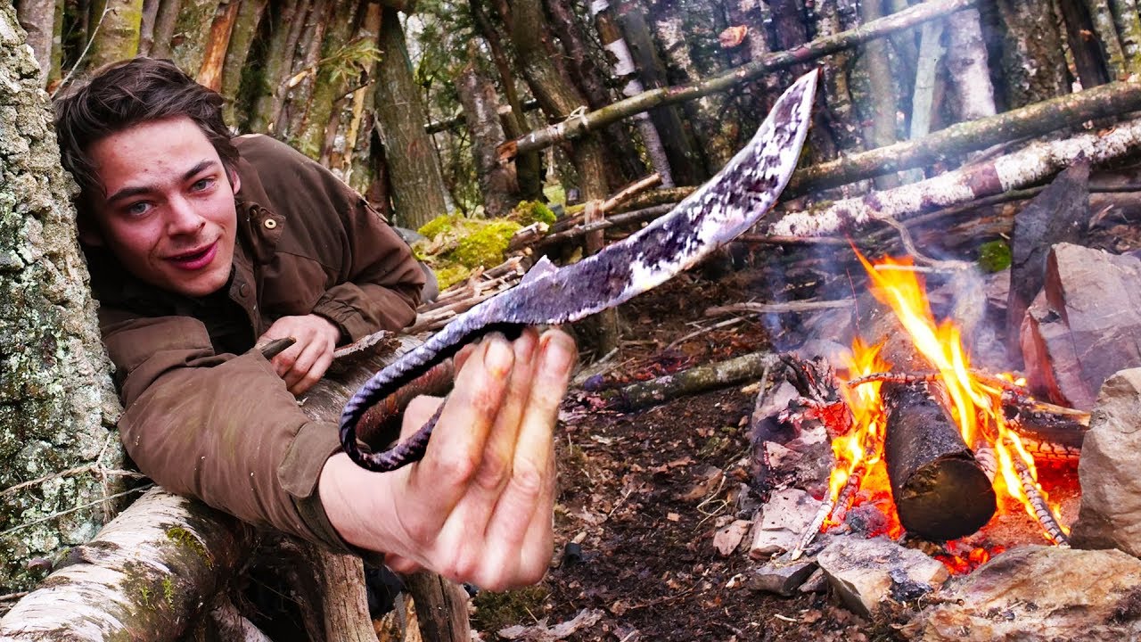 Overnight SURVIVAL with self forged PRIMITIVE KNIFE only - YouTube