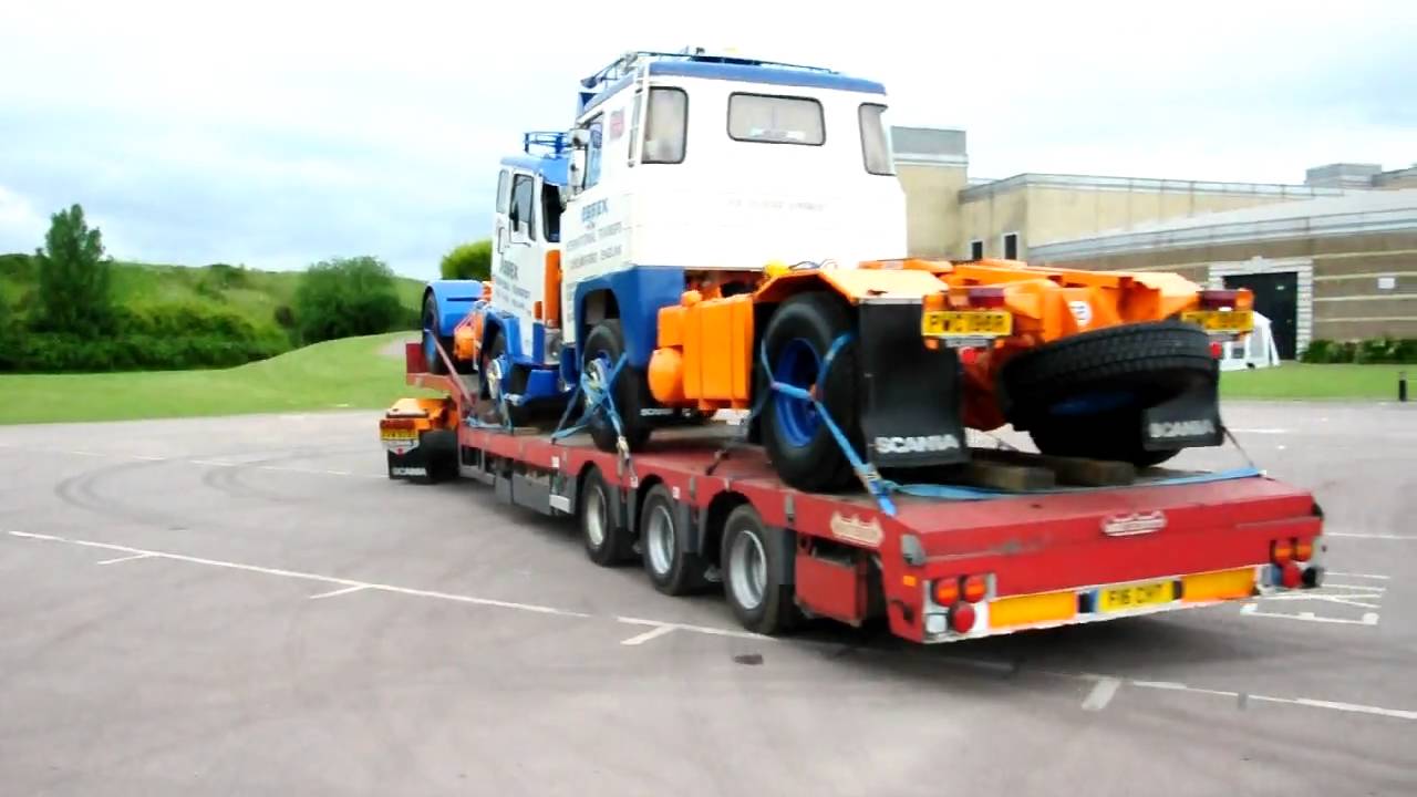 Essex International Scania V8 141 & Low Loader at Gaydon - YouTube