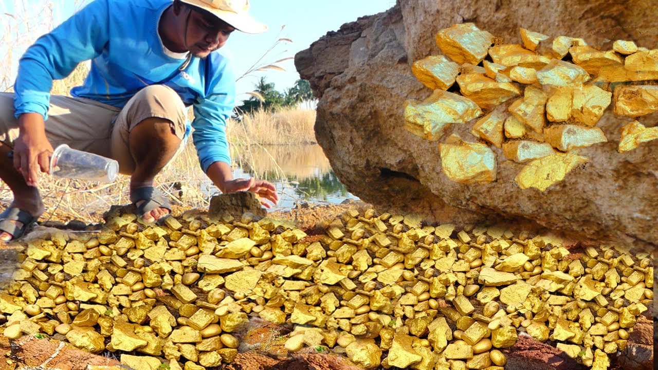 amazing! Digging gold treasure under rock at mountain near the river ...