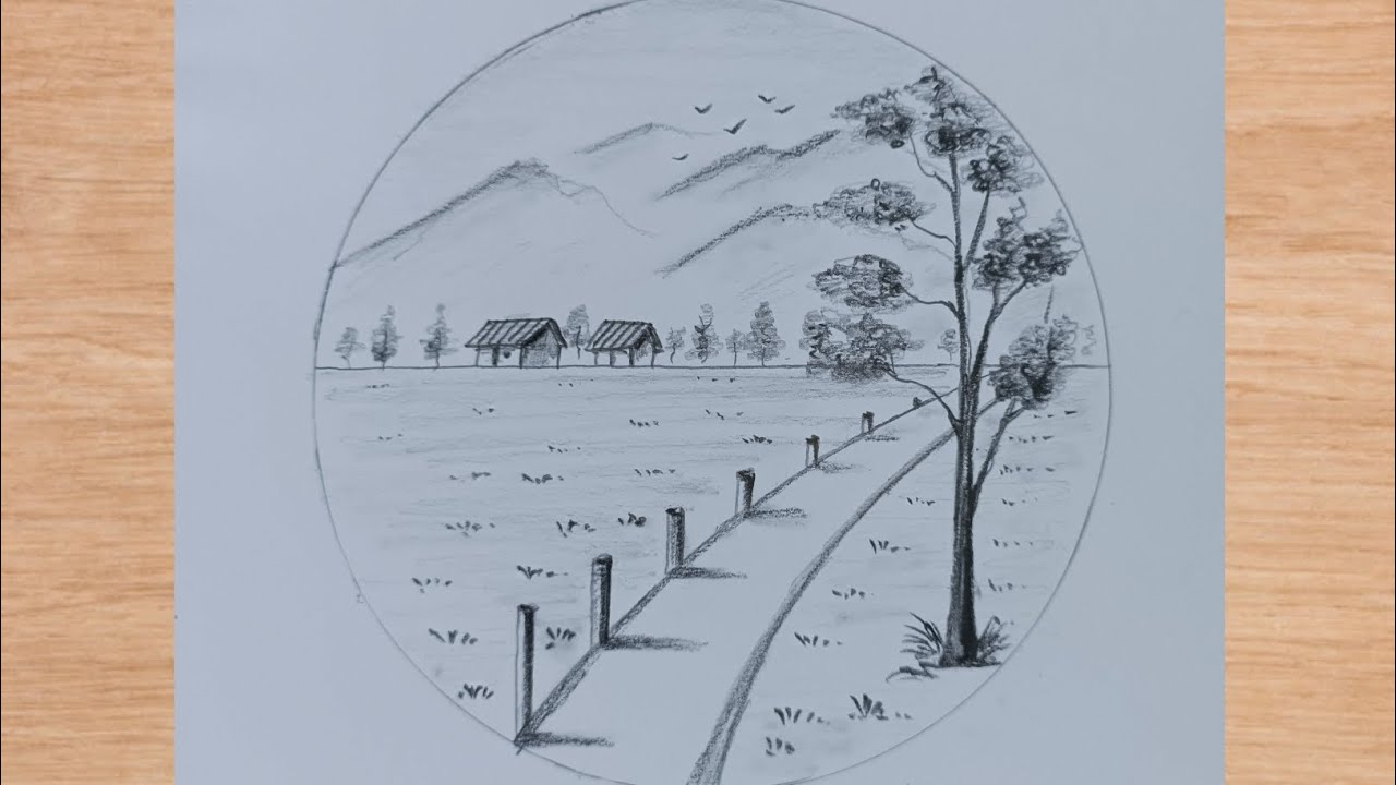 Circle Scenery Landscape Drawing - Beautiful Scenery Drawing Step by ...