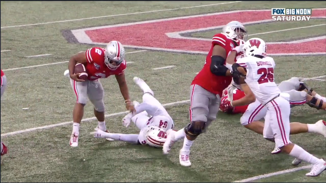 J. K. Dobbins power stiff arm through Wisconsin D 10/26/2019 - YouTube