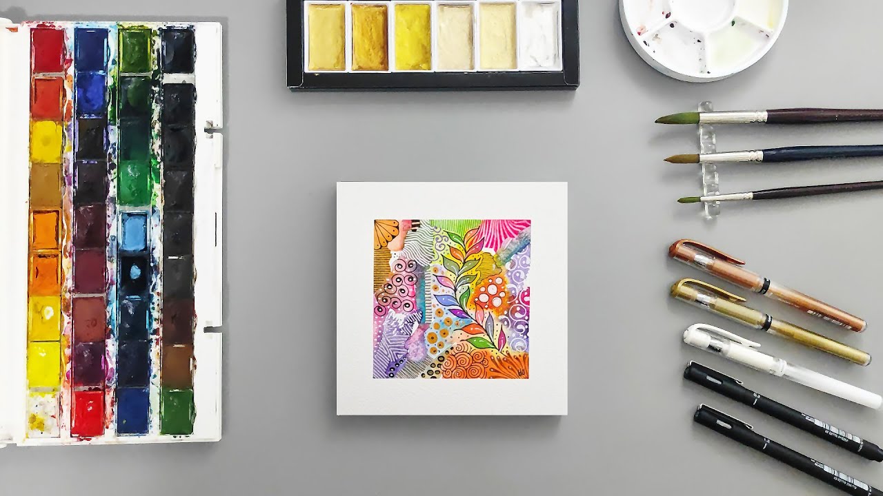 Mini Zentangle Art on Watercolor | Relaxing Abstract Drawing - YouTube