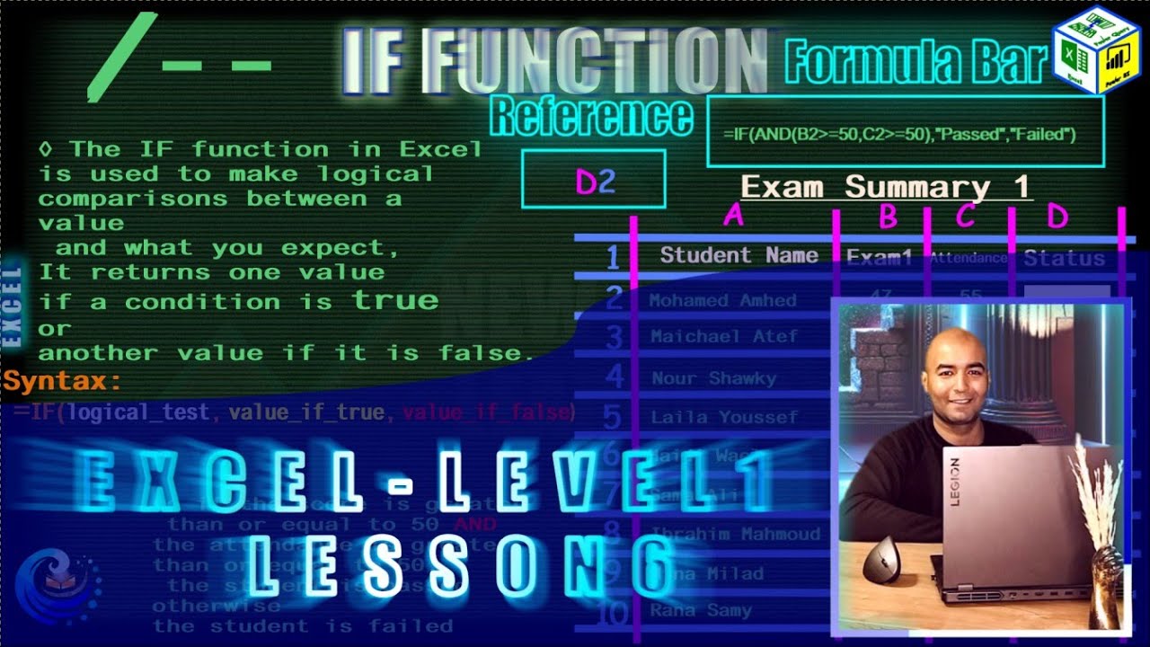Lesson6: IF Function (Excel-Level1) الدرس السادس: معادلة الشرط والافتراض - YouTube