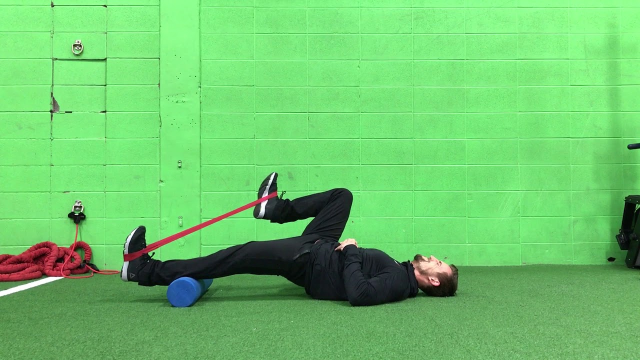 Supine Single Leg Hip Extension w/ Mini Band + mid-calve @ foam roller ...