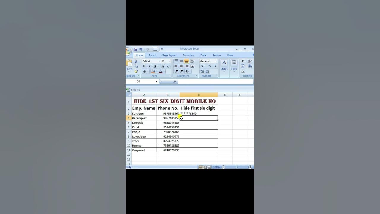 Hide of contact digits in Excel Sheet - YouTube