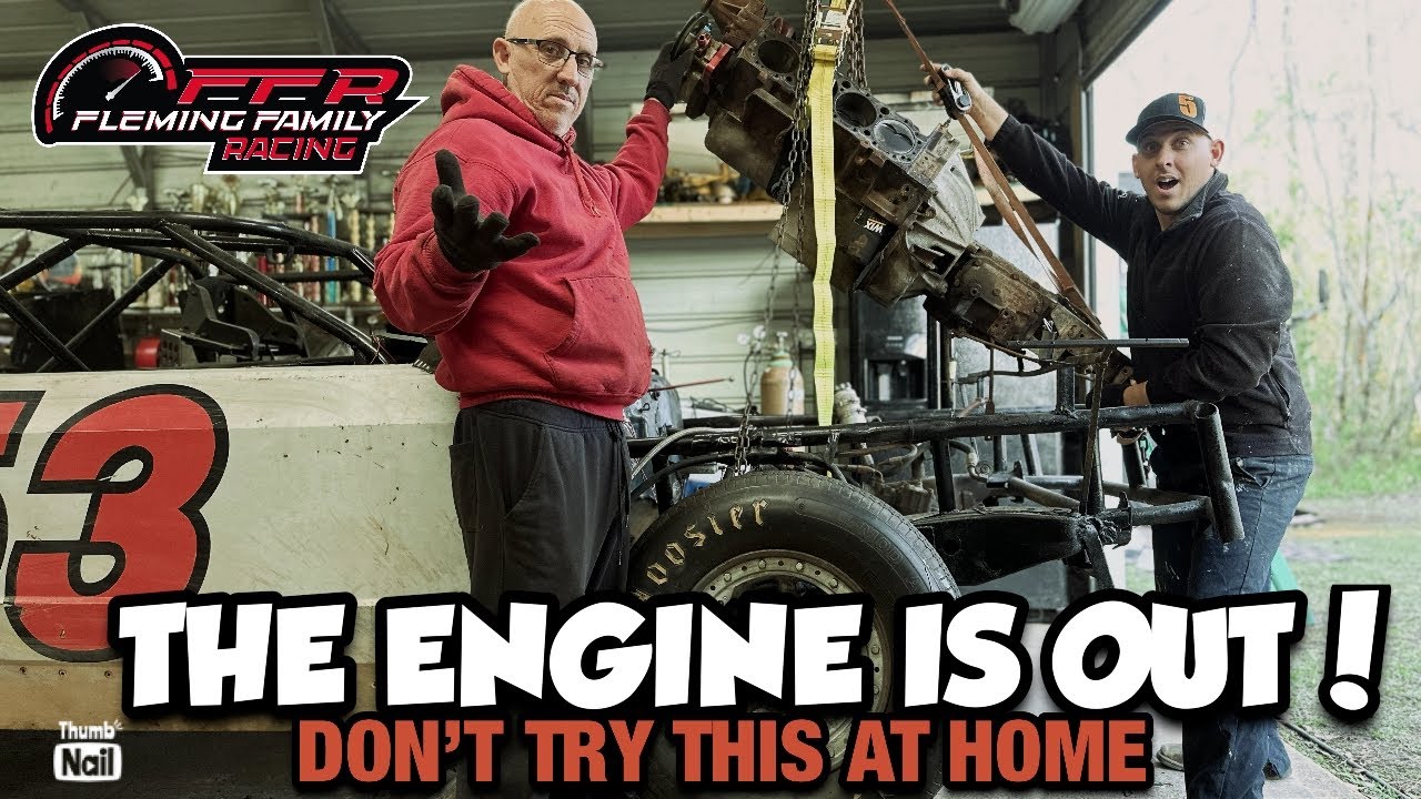 The engine is PULLED out of the Pure Stock Race Car… REDNECK STYLE ...