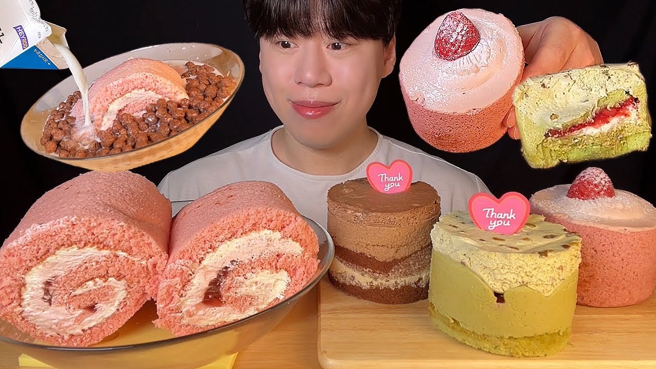 Sub 스타벅스 신상 무스 케이크 And 롤케이크 우유 말먹 먹방 Asmr 부드러운 딸기 롤케이크에 우유 부으면 아주 촉촉🥛