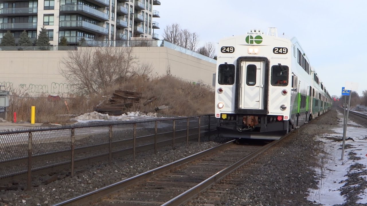 Go 249 and other fast trains at Danforth Go! - YouTube