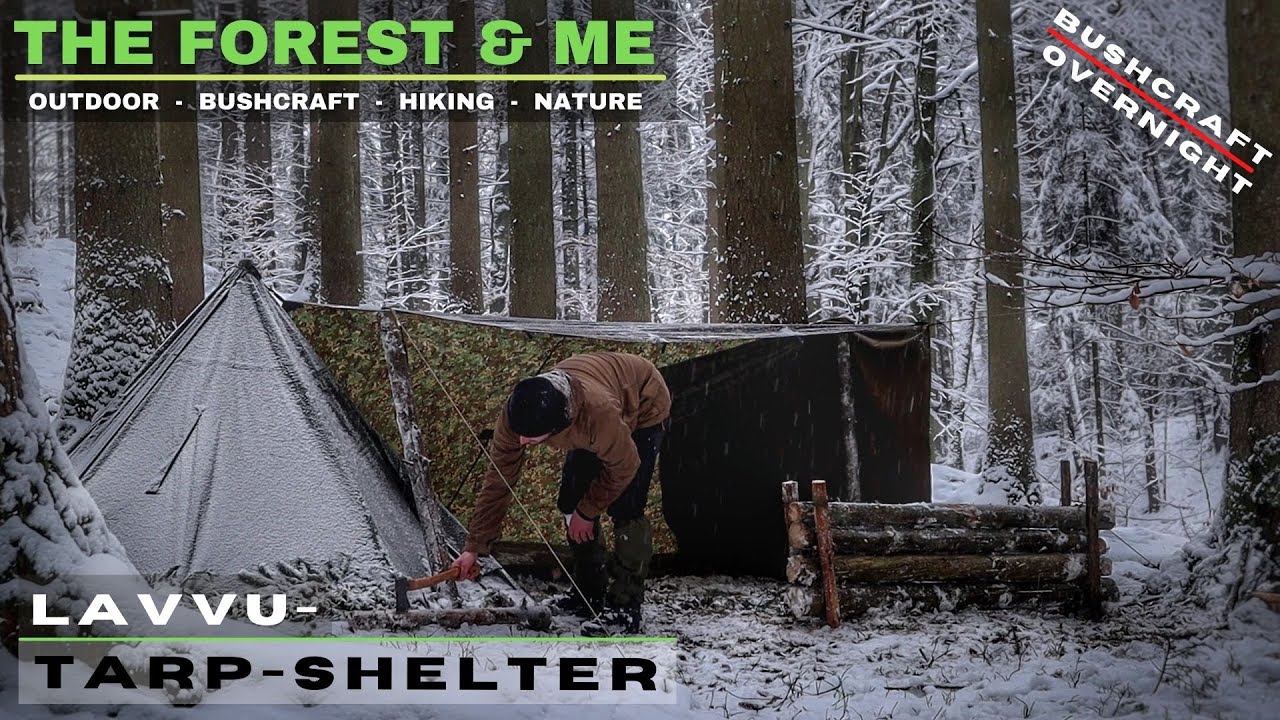LAVVU-Tarp-Shelter with fire | Cozy Bushcraft Camp in the snow of April ...