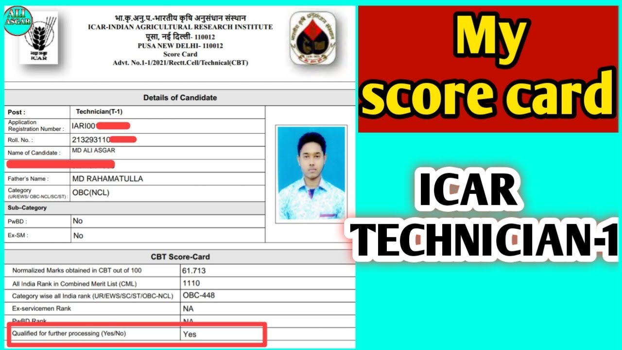 ICAR TECHNICIAN-1 Score Card (SELECTED) |My score card ICAR TECHNICIAN ...