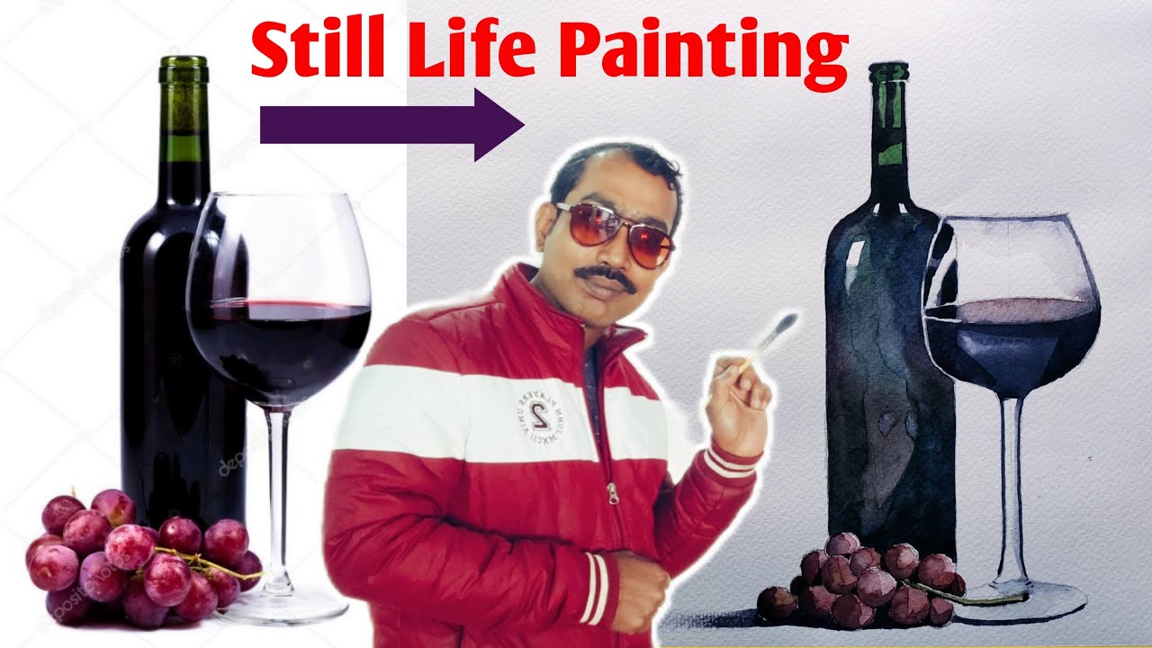 Watercolor Still life easy full tutorial | Wine bottle and Glass ...