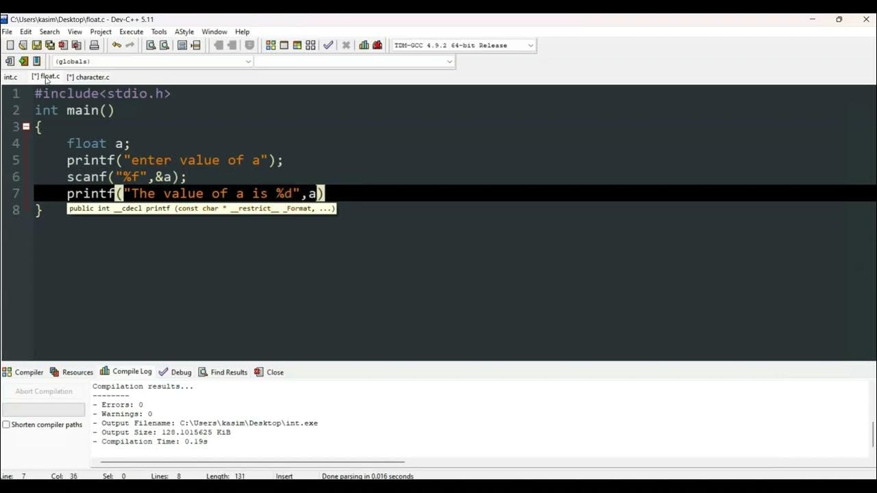 C Program for Input and Output of Integer, Character and Floating Point Numbers - YouTube