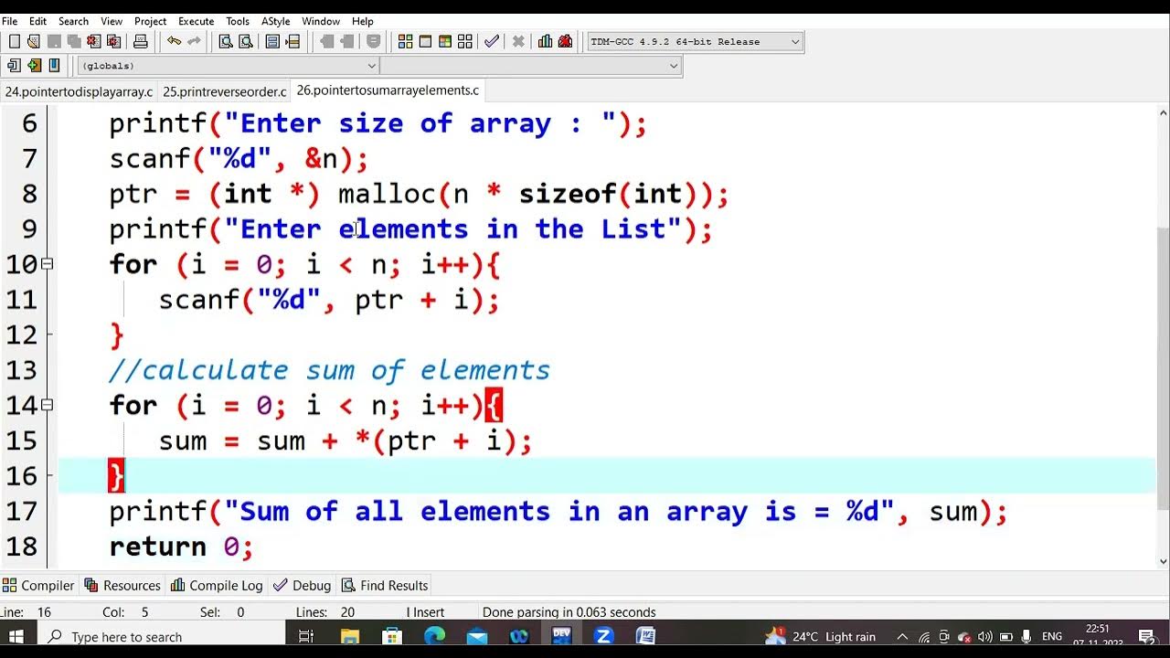 26c Program To Perform Sum Of Array Elements Using Pointers C Programming Language Lab Pps