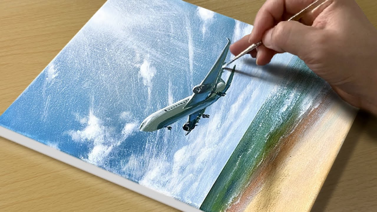 Painting a Beach with a View of the Plane / Acrylic Painting - YouTube