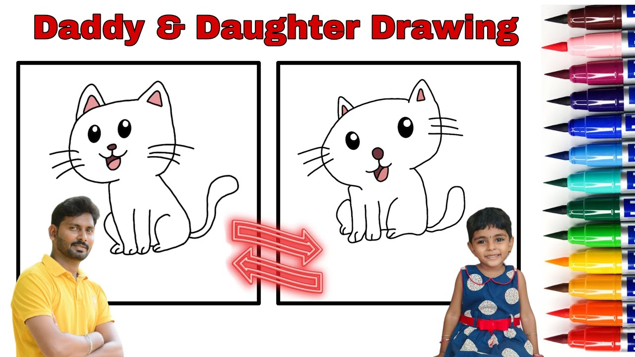 Cat drawing & colouring for kids | Daddy & Daughter drawing 02 | பூனை ...