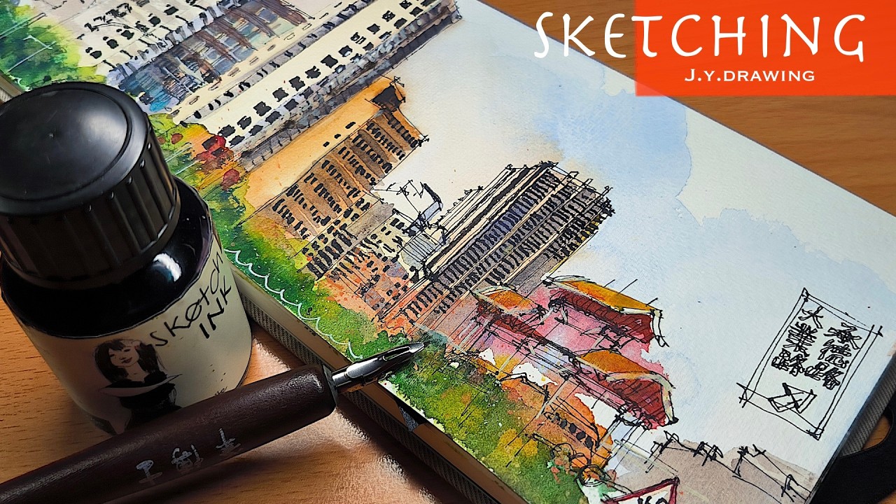 Street Buildings Drawing Easy With a Dip Pen & Watercolor - YouTube