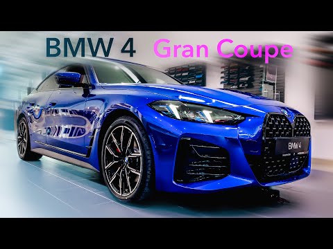 2025 BMW 4 Gran Coupe in Portimao blue and cognac interior. Exterior and interior in details
