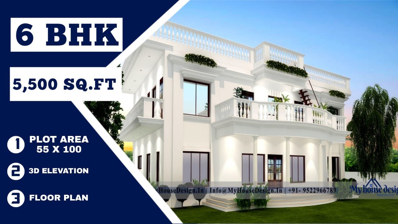 55x100 House Design 3D | 5500 Sqft | 617 Gaj | 6 BHK | Modern Design ...